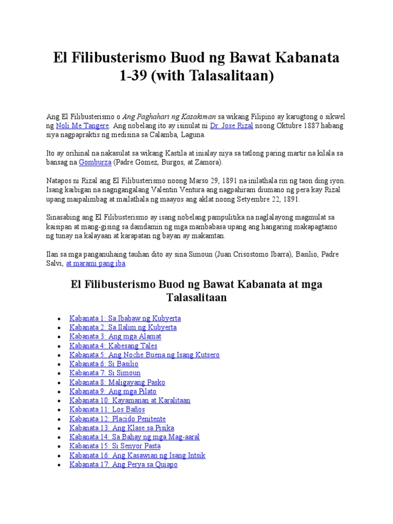 El Filibusterismo Buod NG Bawat Kabanata 1 | PDF