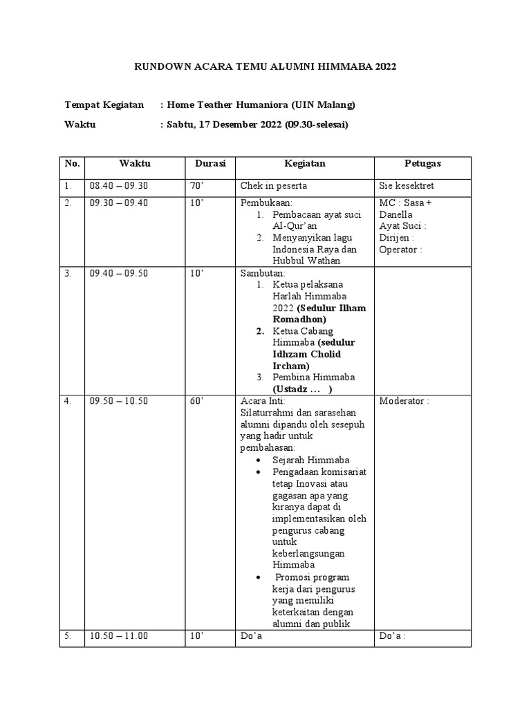 RUNDOWN ACARA TEMU ALUMNI HIMMABA 2022 | PDF