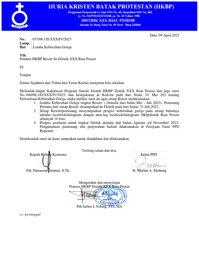 Surat Pelaksanaan Lomba Kebersihan Gereja 2023 | PDF