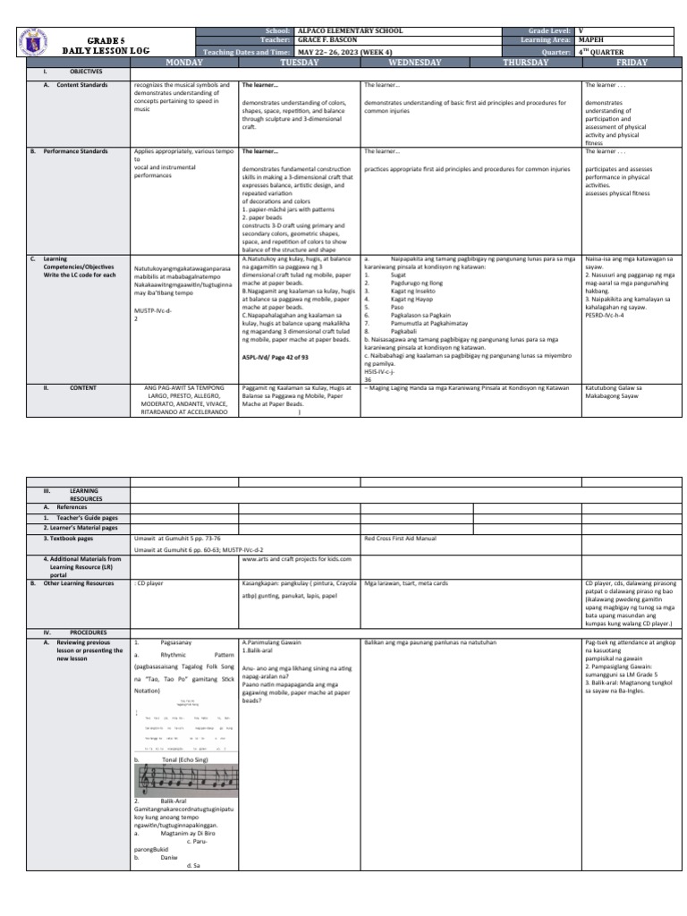 DLL - Mapeh 5 - Q4 - W4 | PDF | Differentiated Instruction | Learning