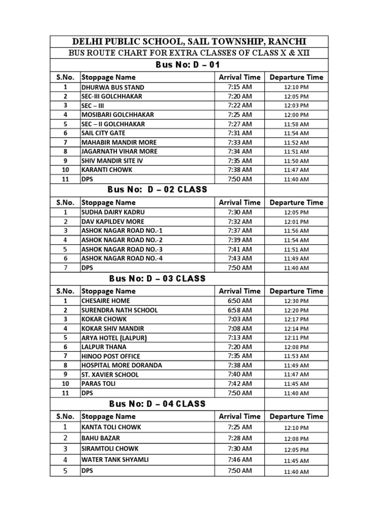 Bus Route Chart For Extra Classes For X & XII | PDF | Secondary ...