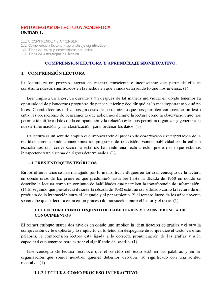UNIDAD 1 (Estrategia de Lectura Académica12) | PDF | Aprendizaje ...