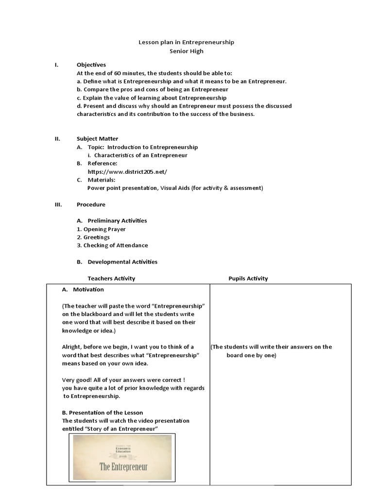 Entrepreneurship Lesson Plan 5.31.2023 | PDF | Entrepreneurship ...
