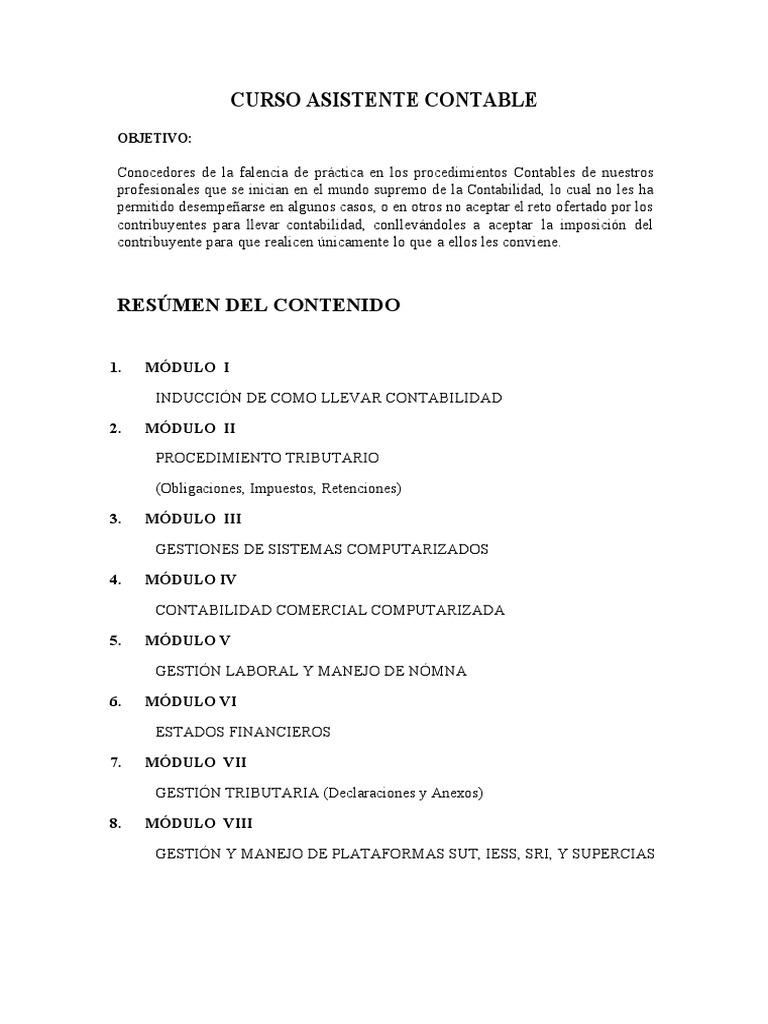 Curso Asistente Contable Presentacion | PDF