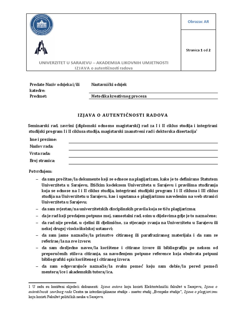 Obrazac_Izjava o autenticnosti radova_Metodika kreativnog procesa | PDF