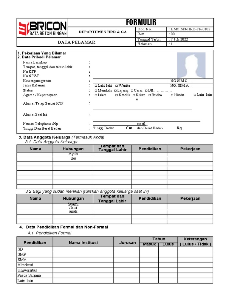 Formulir Data Pelamar HRD & GA | PDF