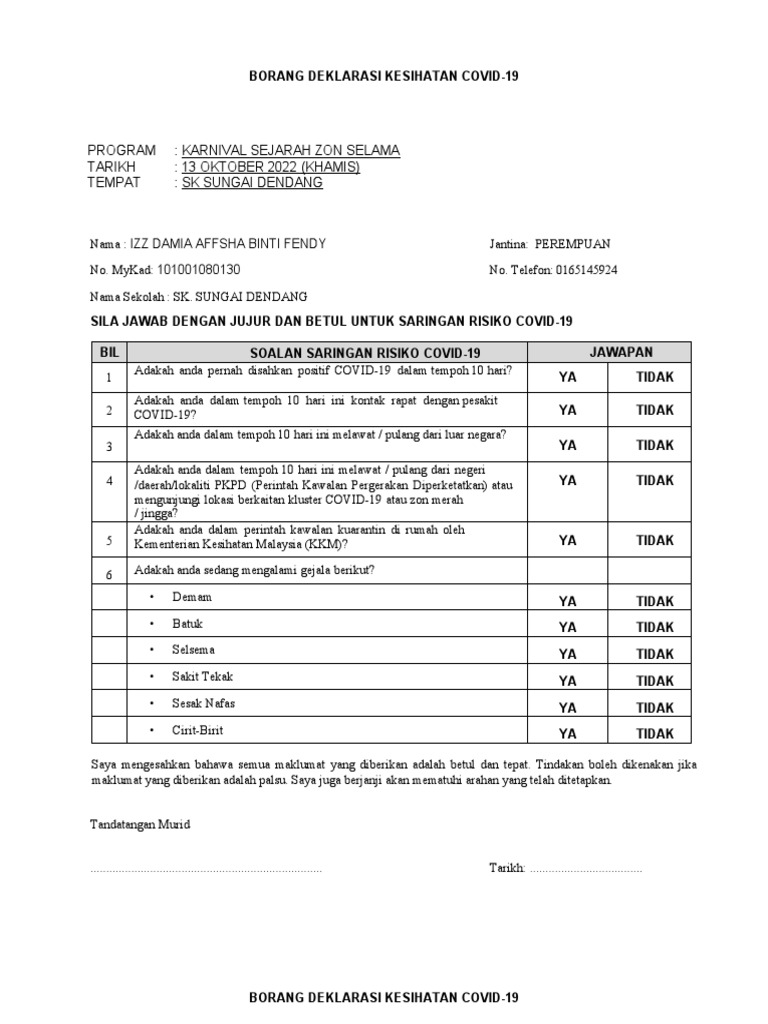 Borang Deklarasi Kesihatan Covid-19 | PDF