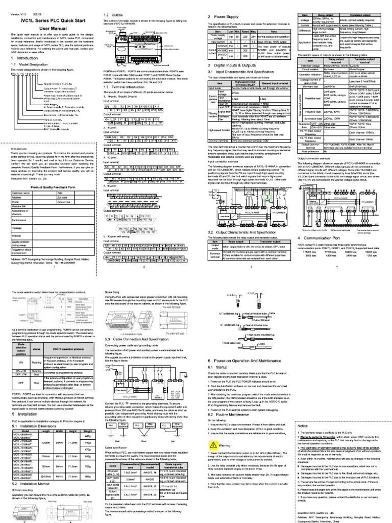 IVC1L Series PLC Quick Start User Manual - V1.0 | PDF