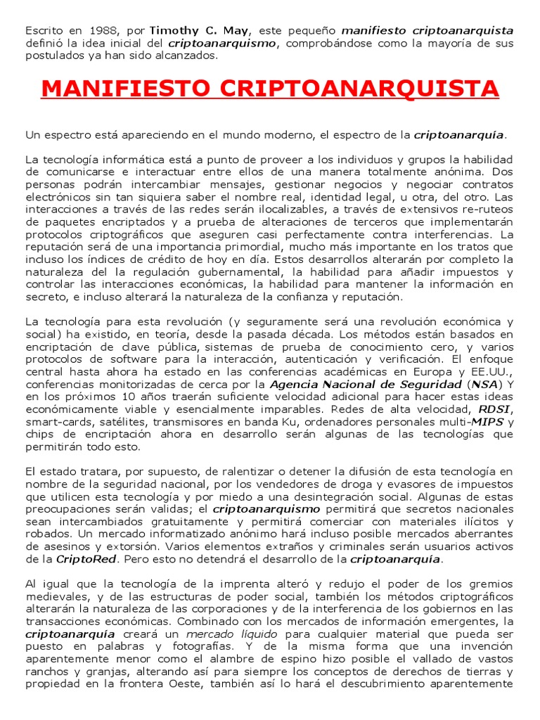 Manifiesto Criptoanarquista - Timothy C - May | PDF | Informática