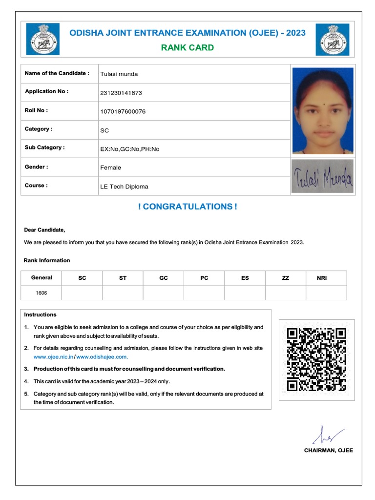 Odisha Joint Entrance Examination (Ojee) - 2023: Rank Card | PDF
