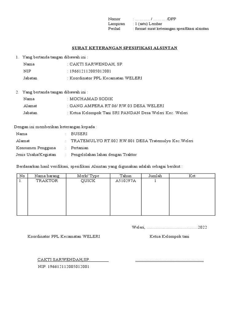 FORMAT SURAT KETERANGAN SPESIFIKASI ALSINTAN | PDF