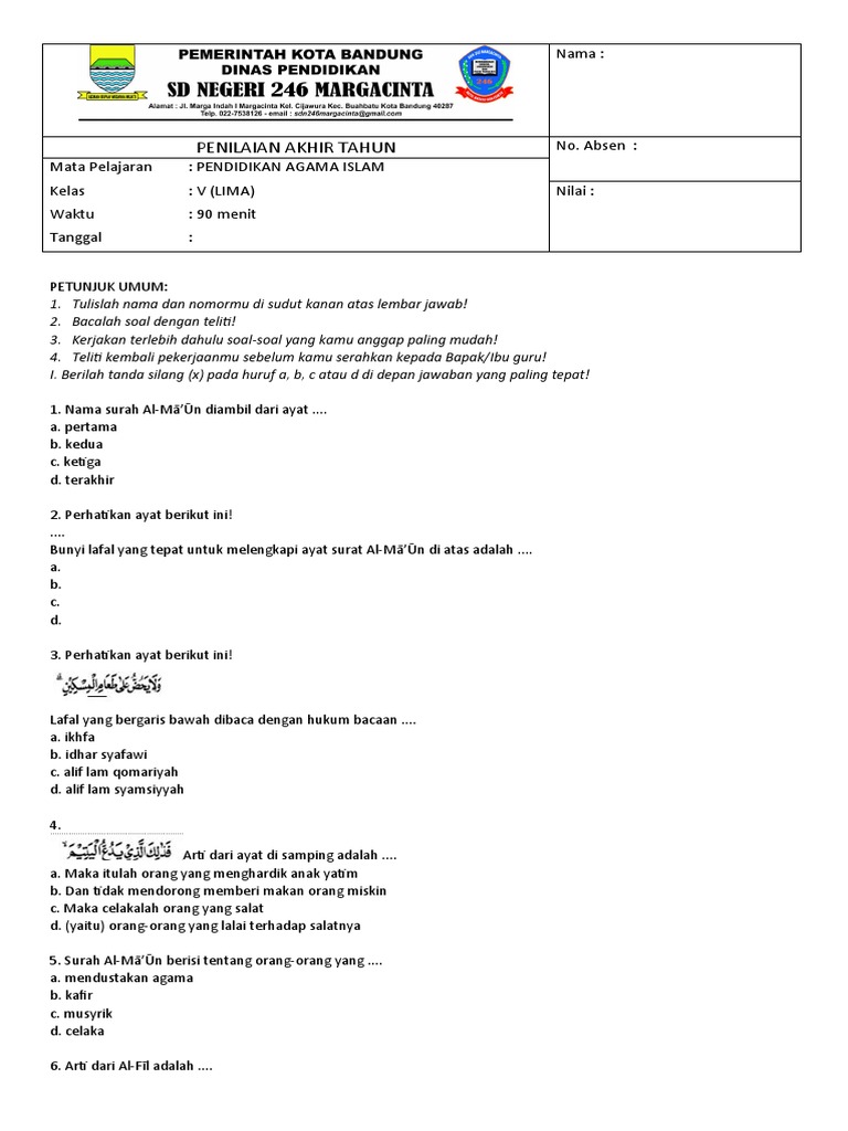 Soal Pat Pai Kelas V 2022 | PDF