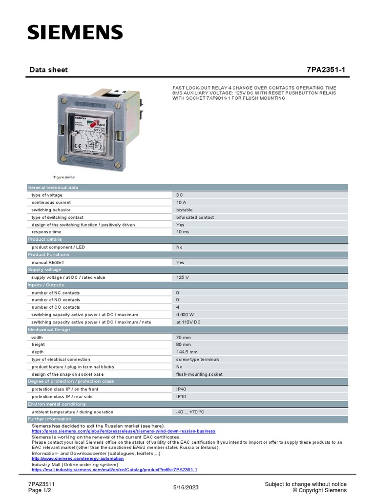7PA23511 Datasheet en | PDF | Switch | Relay
