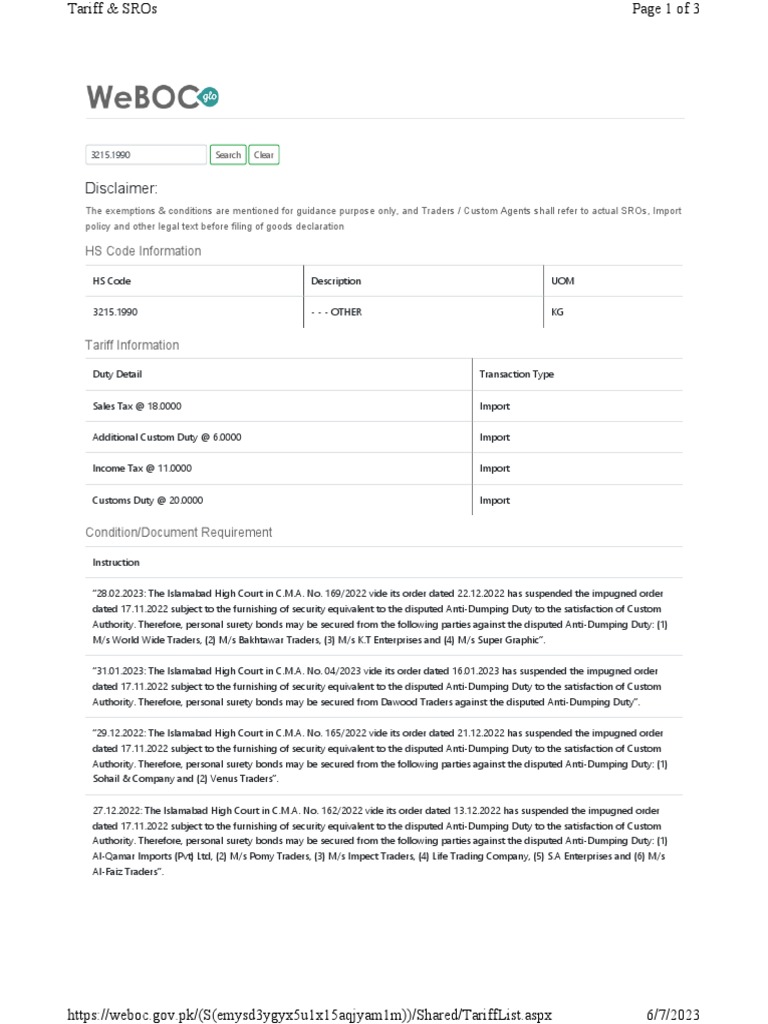 3215.1990 Tariff & SROs | PDF | Tariff | Customs