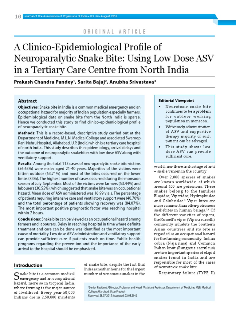 A Clinico-Epidemiological Profile of Neuroparalytic Snake Bite Using ...