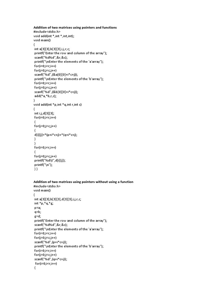 Addition of Two Matrices Using Pointers | PDF