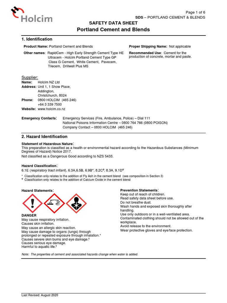 Safety Data Sheet of Porland Cement Holcim | PDF | Cement | Dangerous Goods