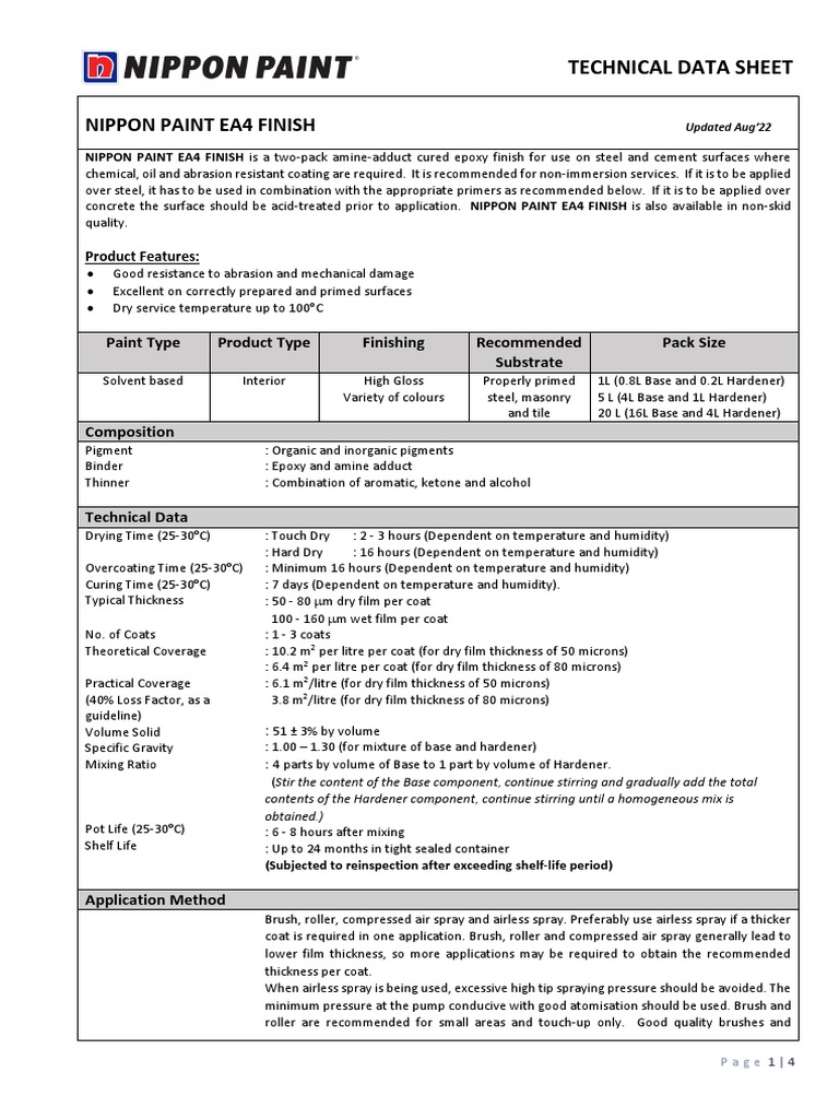 Technical Data Sheet of NIPPON Epocy Paint EA-4 Finish | PDF