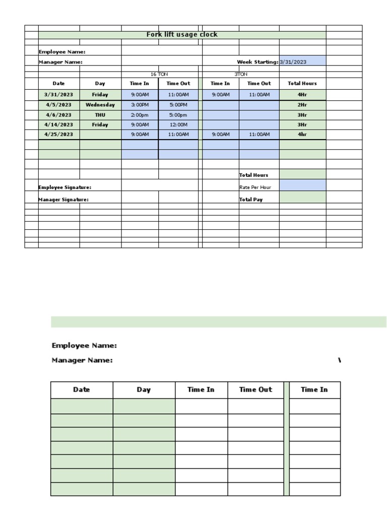 Fork Lift in and Out Time Sheet | PDF
