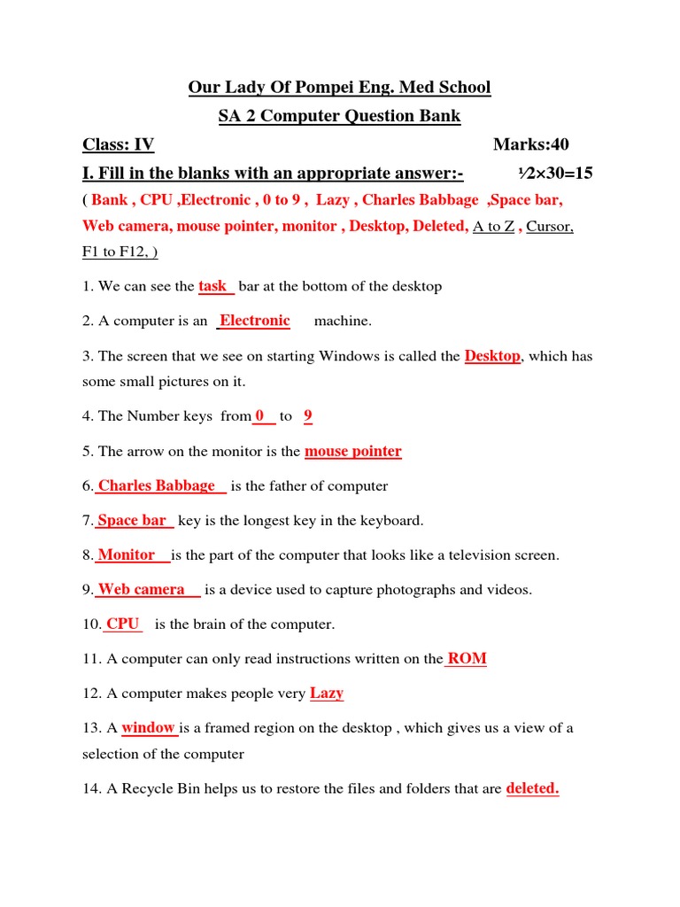 Class IV SA 2 Computer Question Bank | PDF | Cursor (User Interface) | Computer File