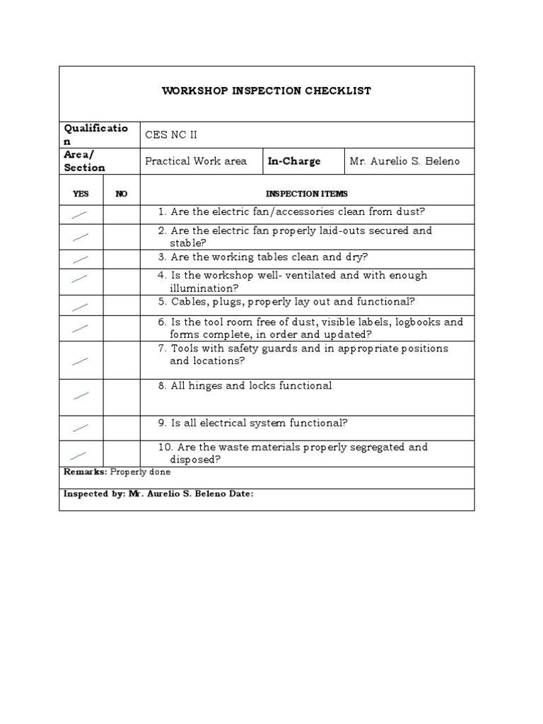 Workshop Inspection Checklist | PDF