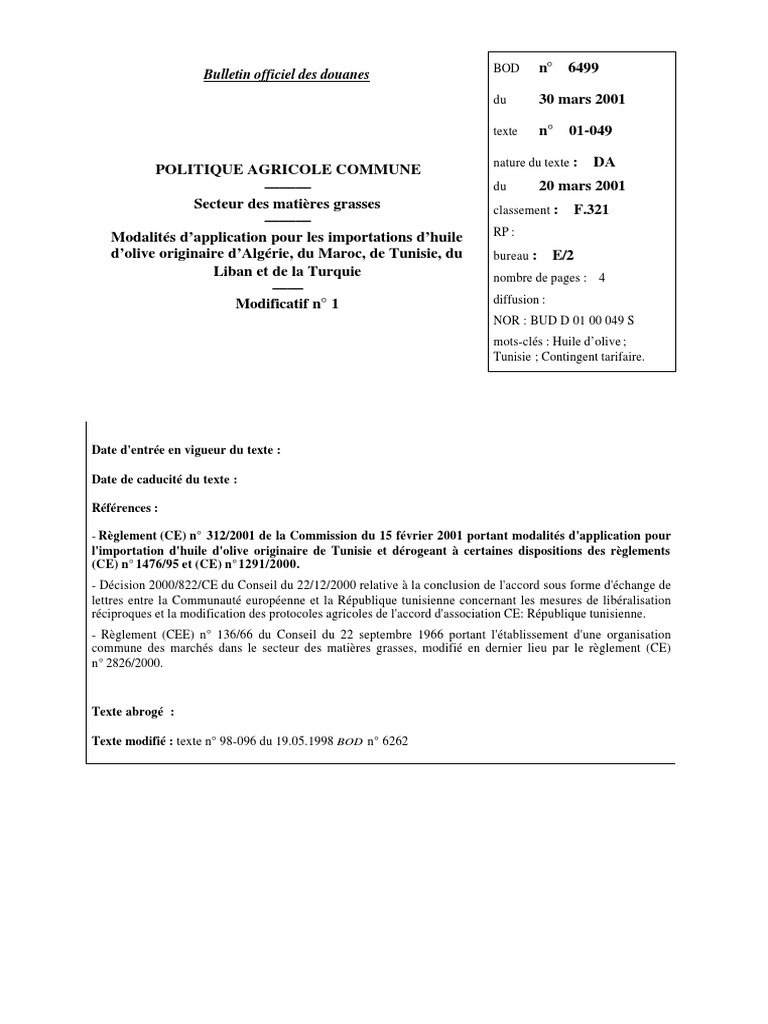 Droit de Douane Huile D'olive Vers La France | PDF | Tunisie | Tarif