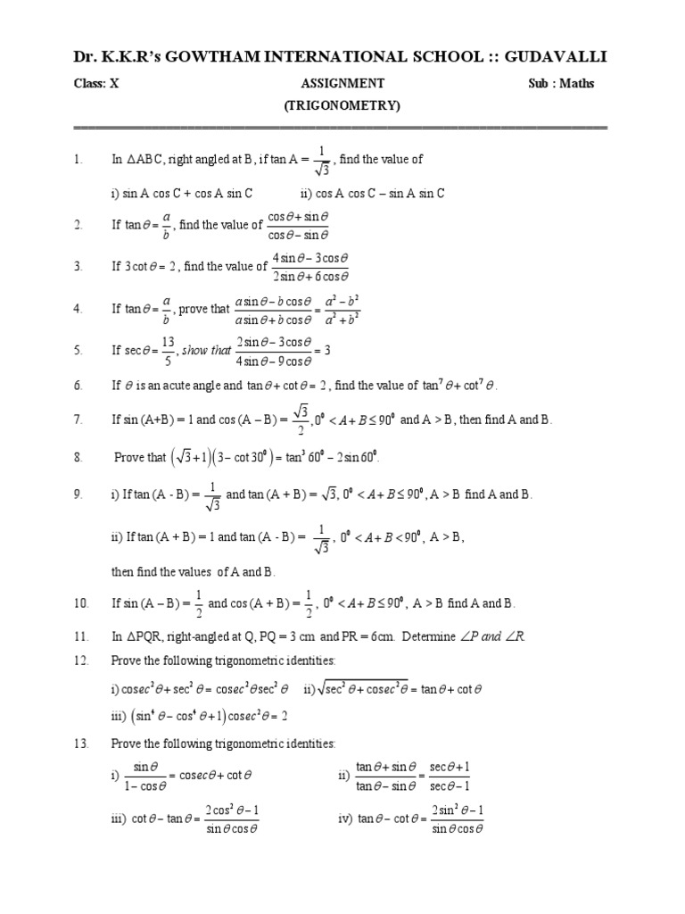 X - Mat Assignment Trigonometry 23 24 | PDF | Trigonometric Functions ...