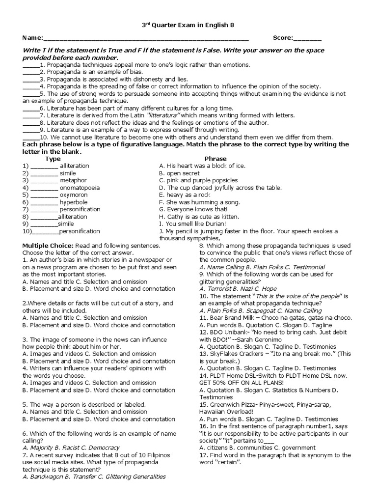 Grade 8 English 3rd Quarter Exam | PDF | Propaganda