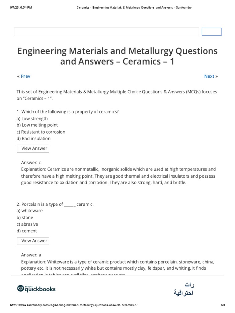 Ceramics - Engineering Materials & Metallurgy Questions and Answers ...