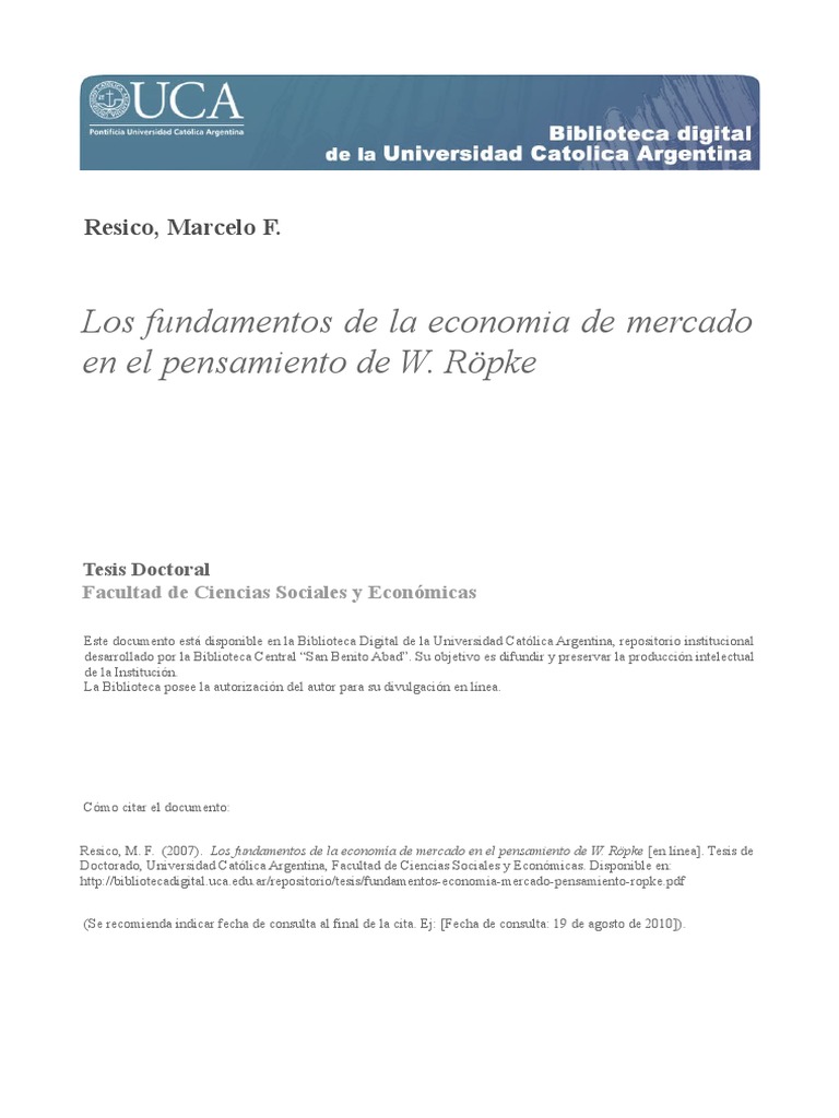 Fundamentos de La Economía de Mercado en El Pensamiento de W. Ropke ...