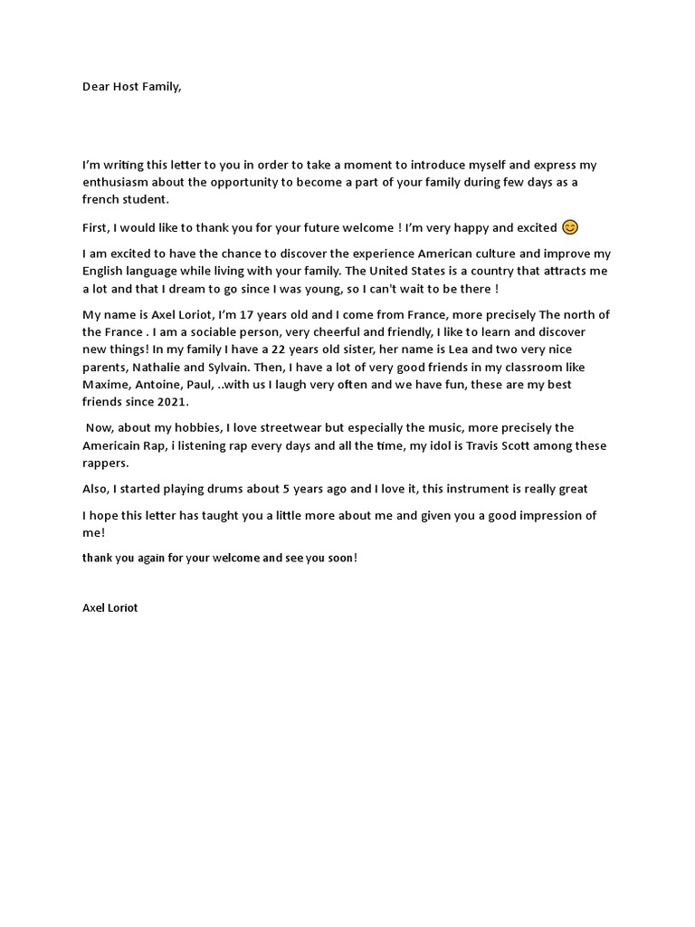 Introduction Letter to Host Family | PDF