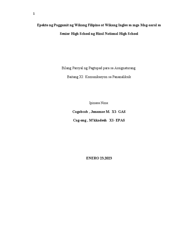 Epekto NG Paggamit NG Wikang Filipino at Wikang Ingles Sa Mga Mag | PDF Epekto NG Paggamit NG Wikang Filipino at Wikang Ingles Sa Mga Mag | PDF