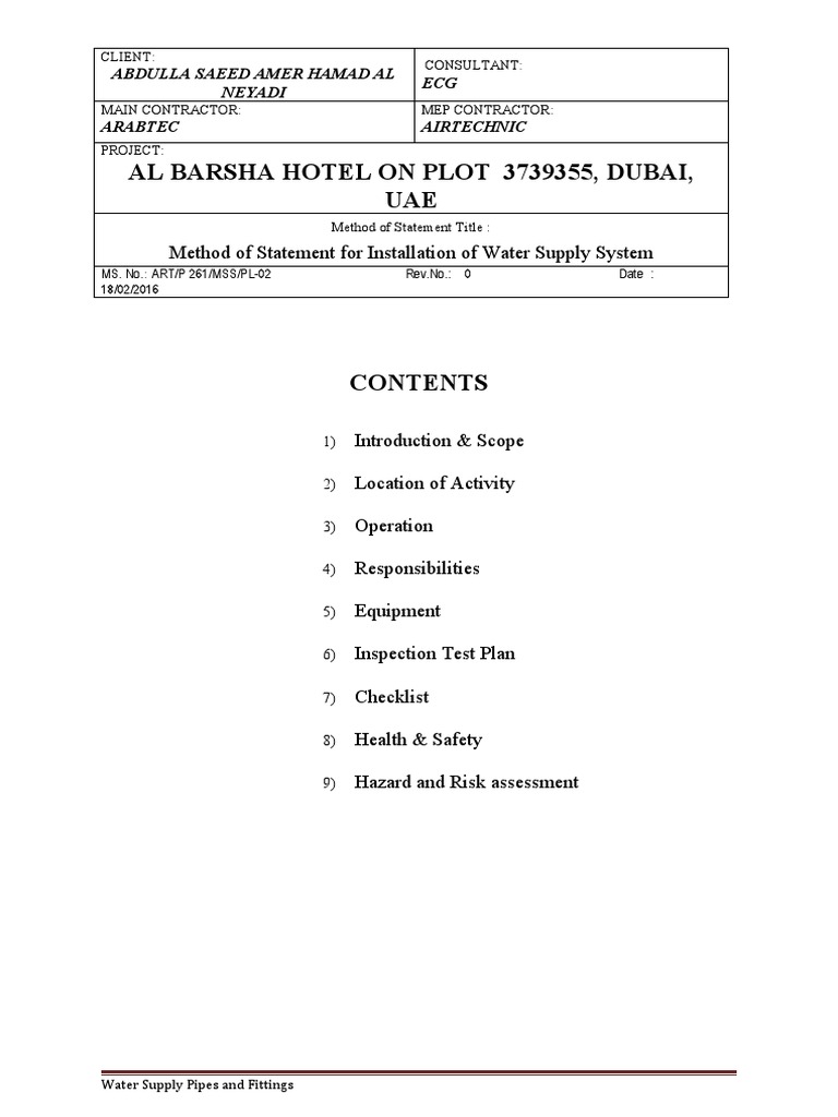 MS01-Method of Statement For WS PIPE INSTALLATION | PDF