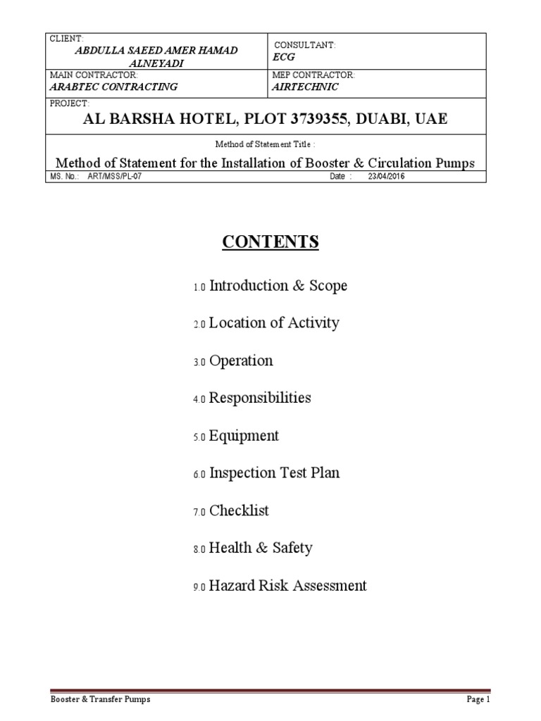 MS03-Method of Statement For Booster & Transfer Pump | PDF | Pump | Valve