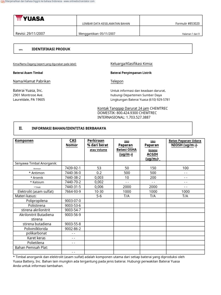 Lembar Data Keselamatan Baterai Asam Timbal | PDF