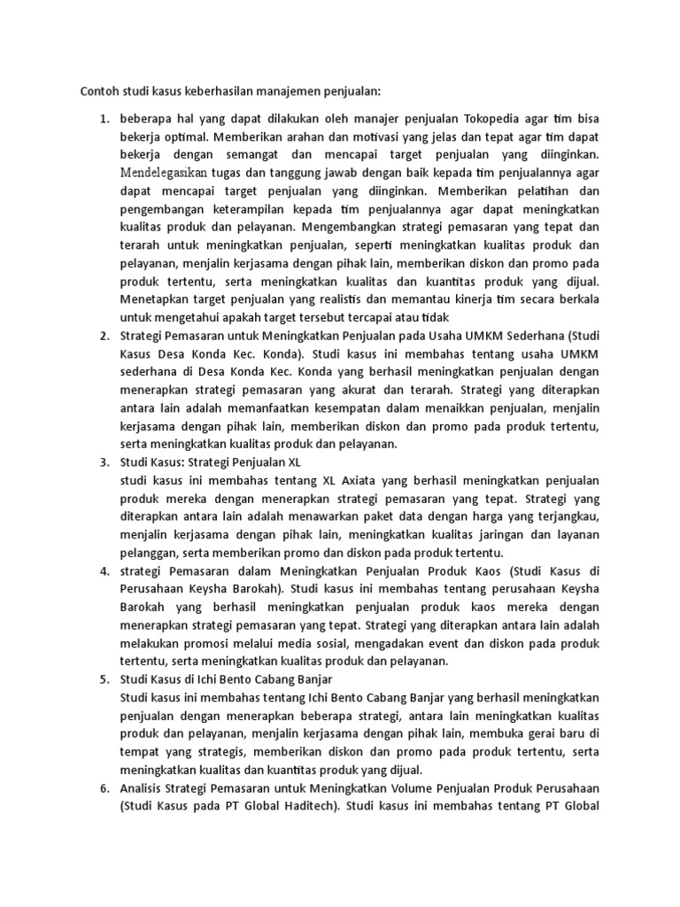 Contoh Studi Kasus Keberhasilan Manajemen Penjualan | PDF
