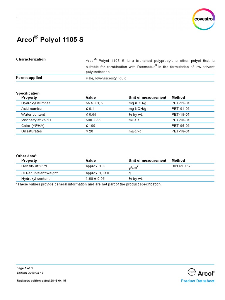 Arcol Polyol 1105 S - en - 06766706 18666794 21029598 | PDF | Specification (Technical Standard ...