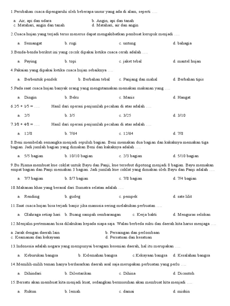 Latihan Soal SD: Cuaca & Pecahan | PDF