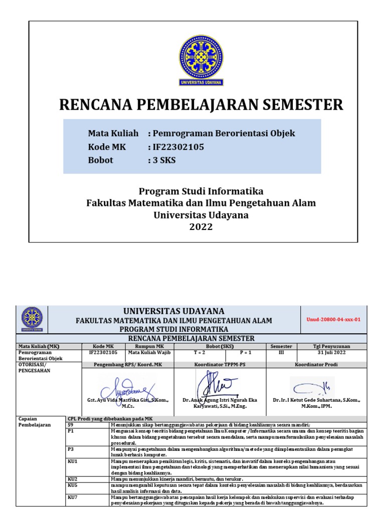 RPS Berbasis OBE Pemrograman Berorientasi Obyek (IF22302105) | PDF