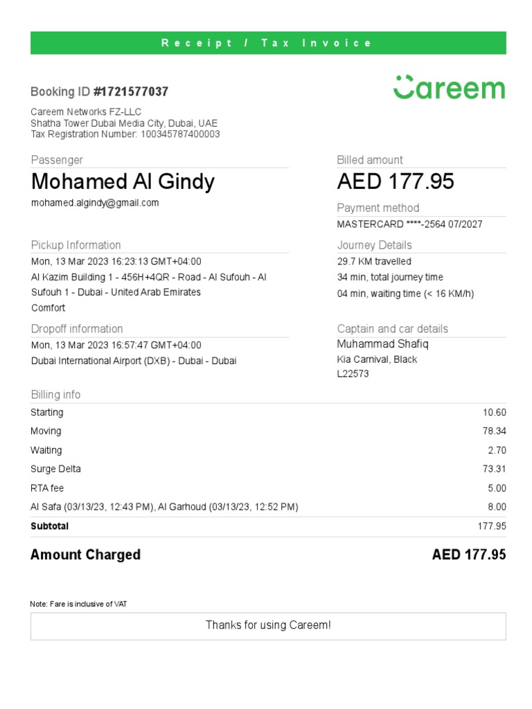 Careem - Booking #1721577037 - Receipt For Mohamed Al Gindy | PDF