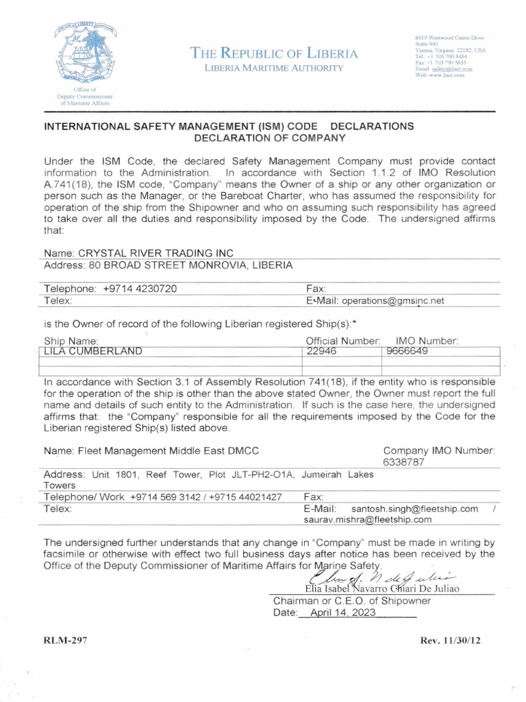 Lila Cumberland Ism Declaration of Company | PDF | Shipping | Water Transport