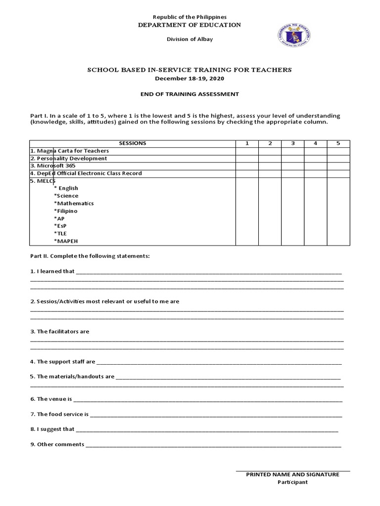 Evaluation Sheet-SCHOOL-Based INSET 2020 | PDF | Cognitive Science ...