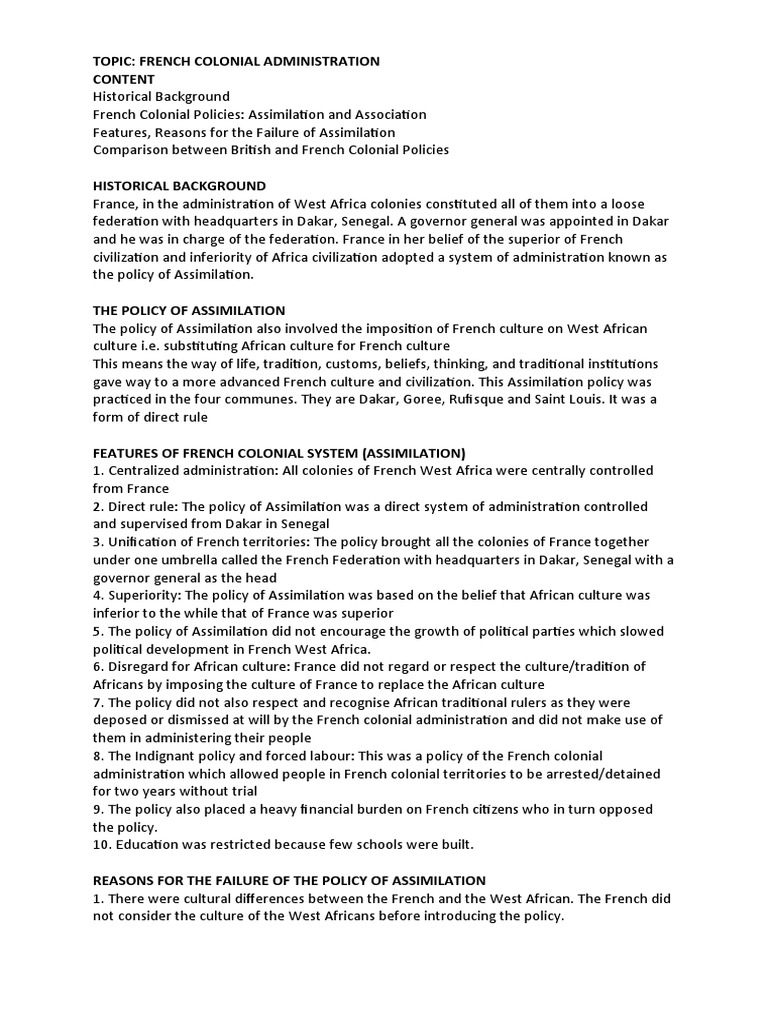 SS2 Notes On French Colonial Policy of Assimilation and Association | PDF
