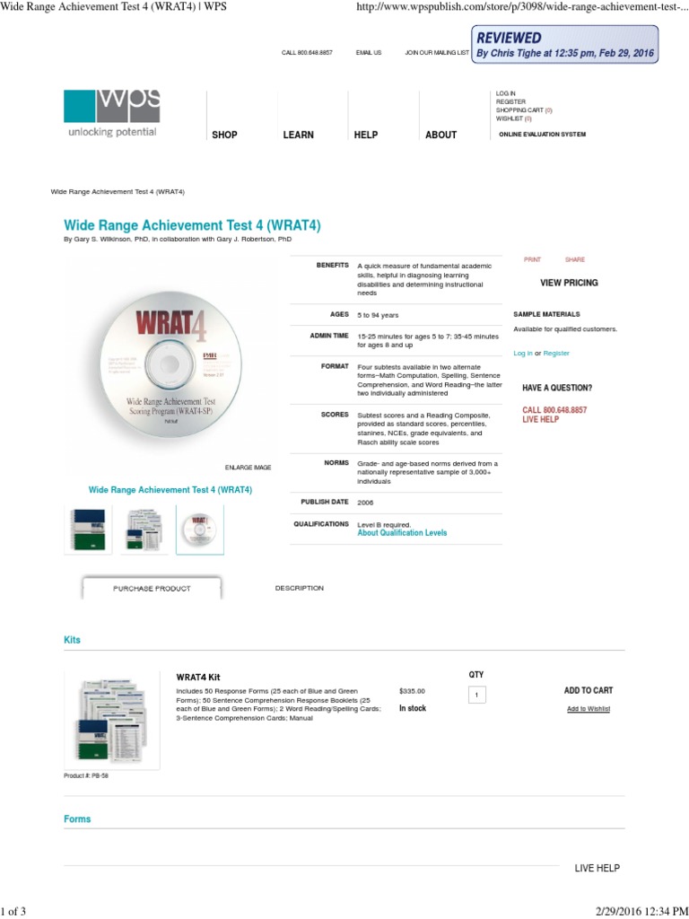 Wide Range Achievement Test 4 (WRAT4) : Shop Learn Help About | PDF