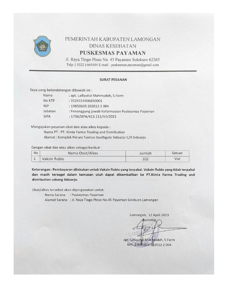 SP Vaksin Flubio Dinkes Lamongan | PDF