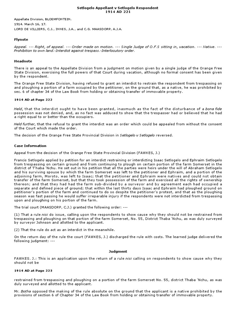 Setlogelo Appellant V Setlogelo Respondent 1914 AD 221 | PDF