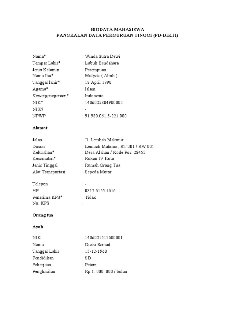 BIODATA MAHASISWA Winda | PDF