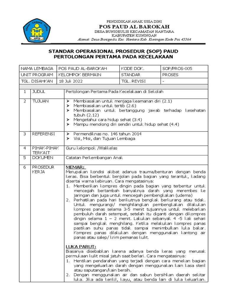 5 Sop Paud Pertolongan Pertama Pada Kecelakaan | PDF | Pengembangan Diri | Kesehatan Holistik