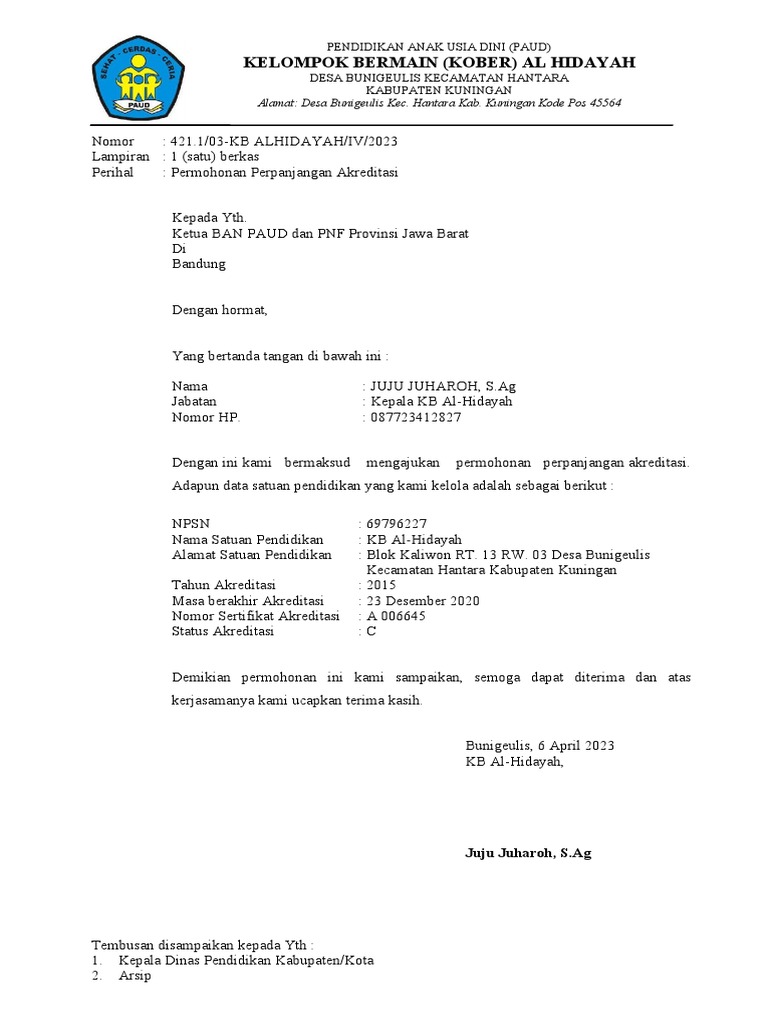 Contoh Surat Permohonan Perpanjangan Akreditasi 2023 | PDF Contoh Surat Permohonan Perpanjangan Akreditasi 2023 | PDF