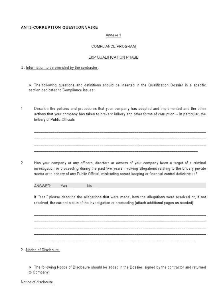 Compliance Questionnaire for Contractros | Bribery | Stocks